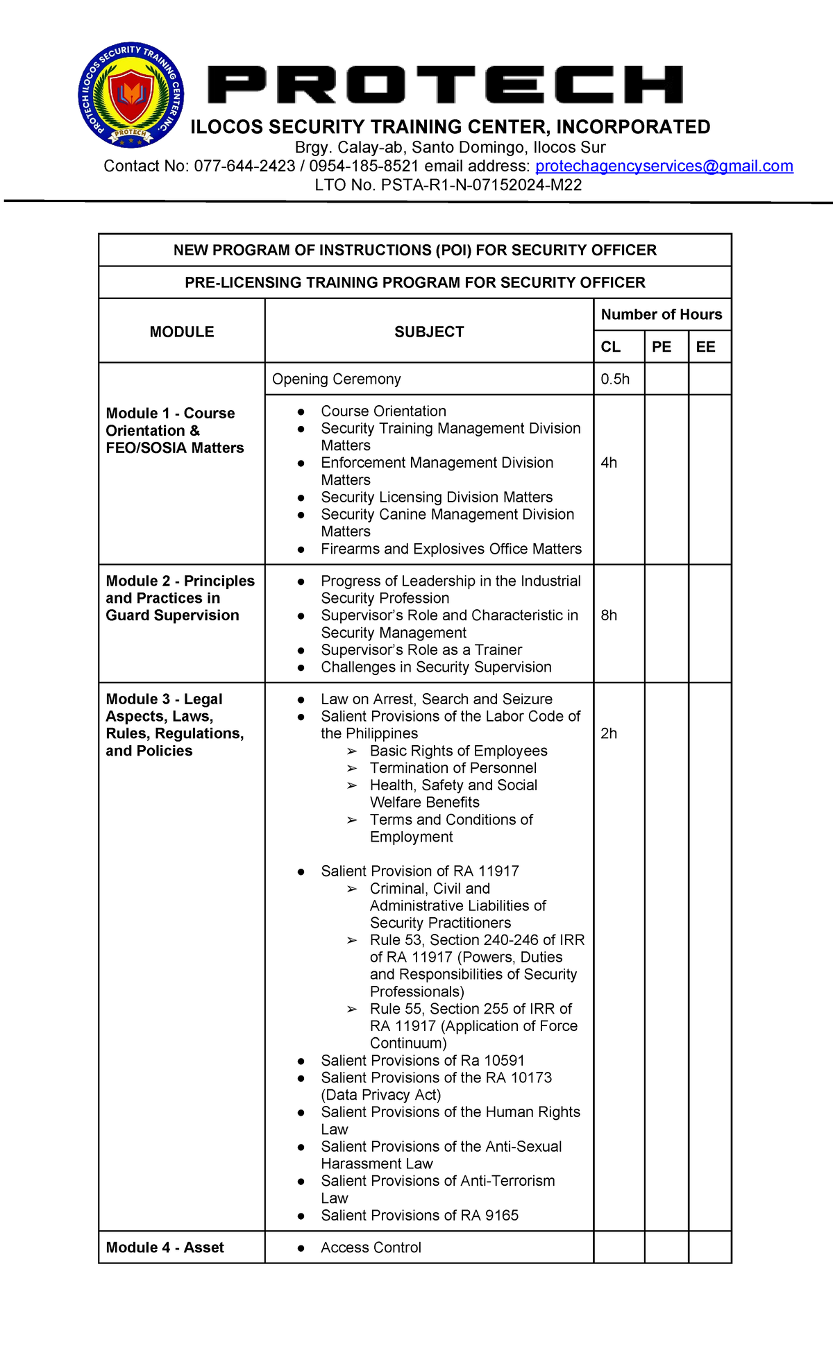 POI SO - SOCO - ILOCOS SECURITY TRAINING CENTER, INCORPORATED Brgy. Calay-ab, Santo Domingo ...
