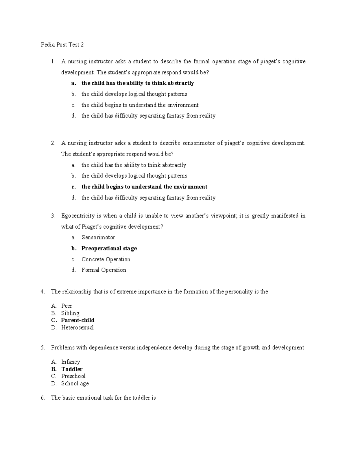 490811114 Pedia Exam 2 - Pedia Post Test 2 1. A nursing instructor asks ...