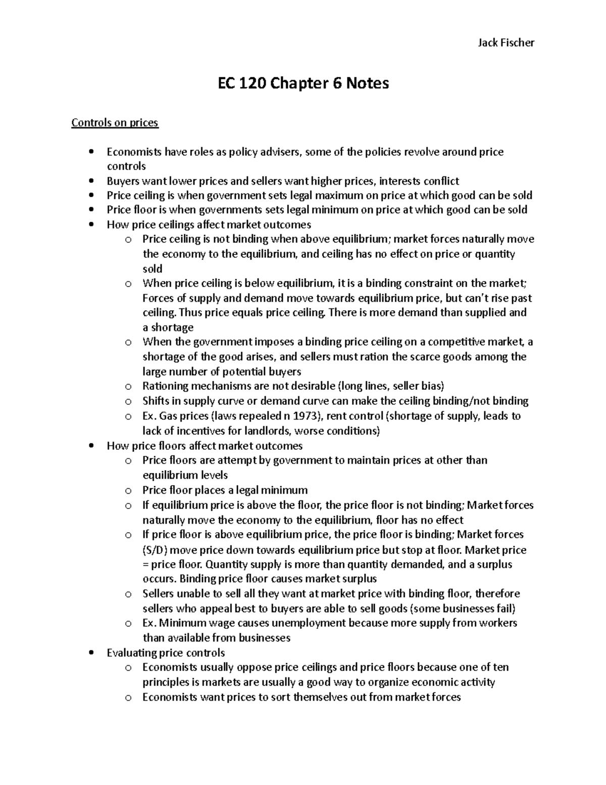 EC 120 Chapter 6 Notes - EC 120 Chapter 6 Notes Controls on prices ...