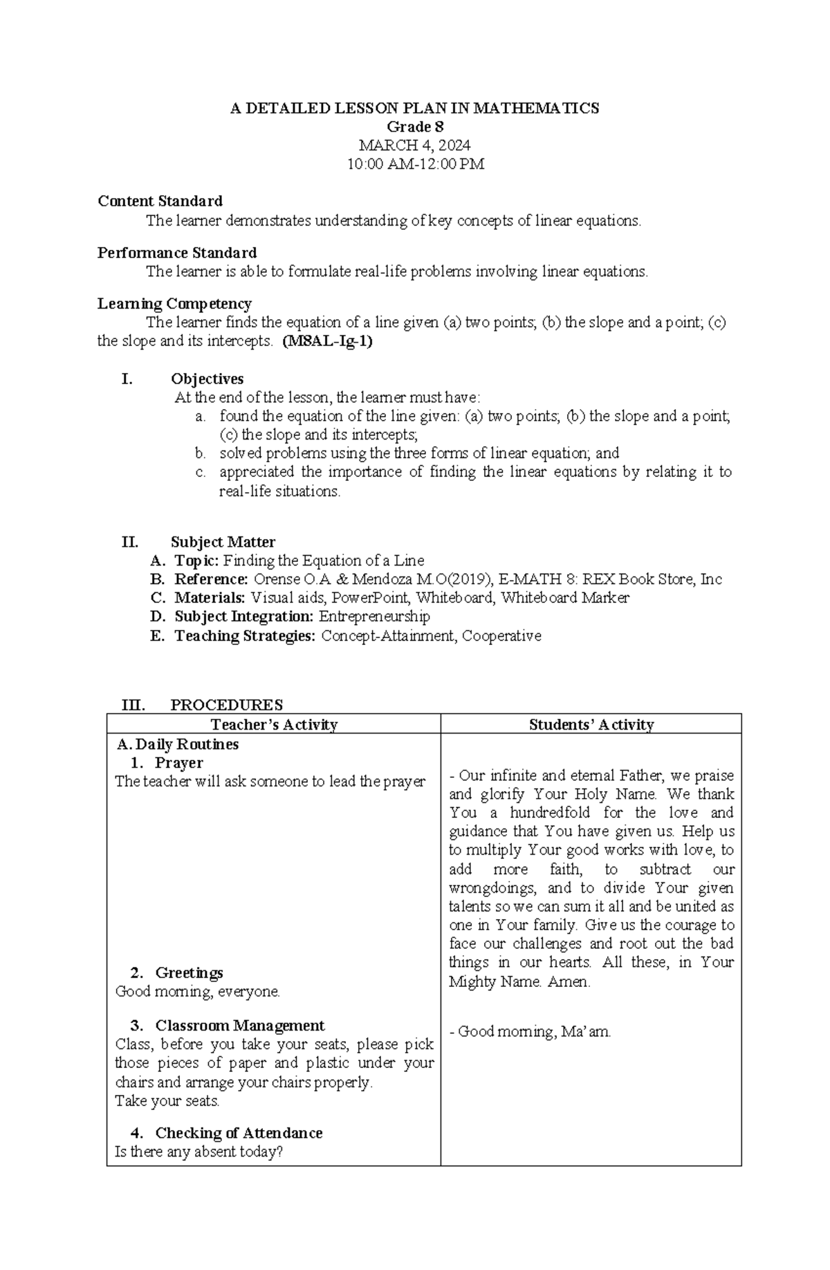 Linear Equationin Two Variables DLP - A DETAILED LESSON PLAN IN ...