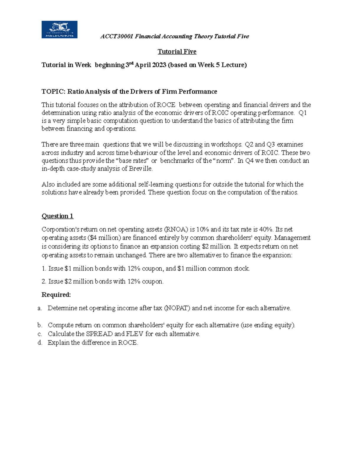 Tutorial Five Solutions - ACCT30001 - Unimelb - Studocu