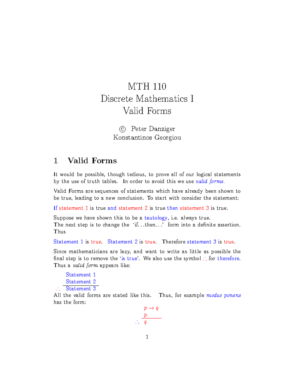 Valid Forms - Handout - note - MTH 110 Discrete Mathematics I Valid Forms © c Peter Danziger ...