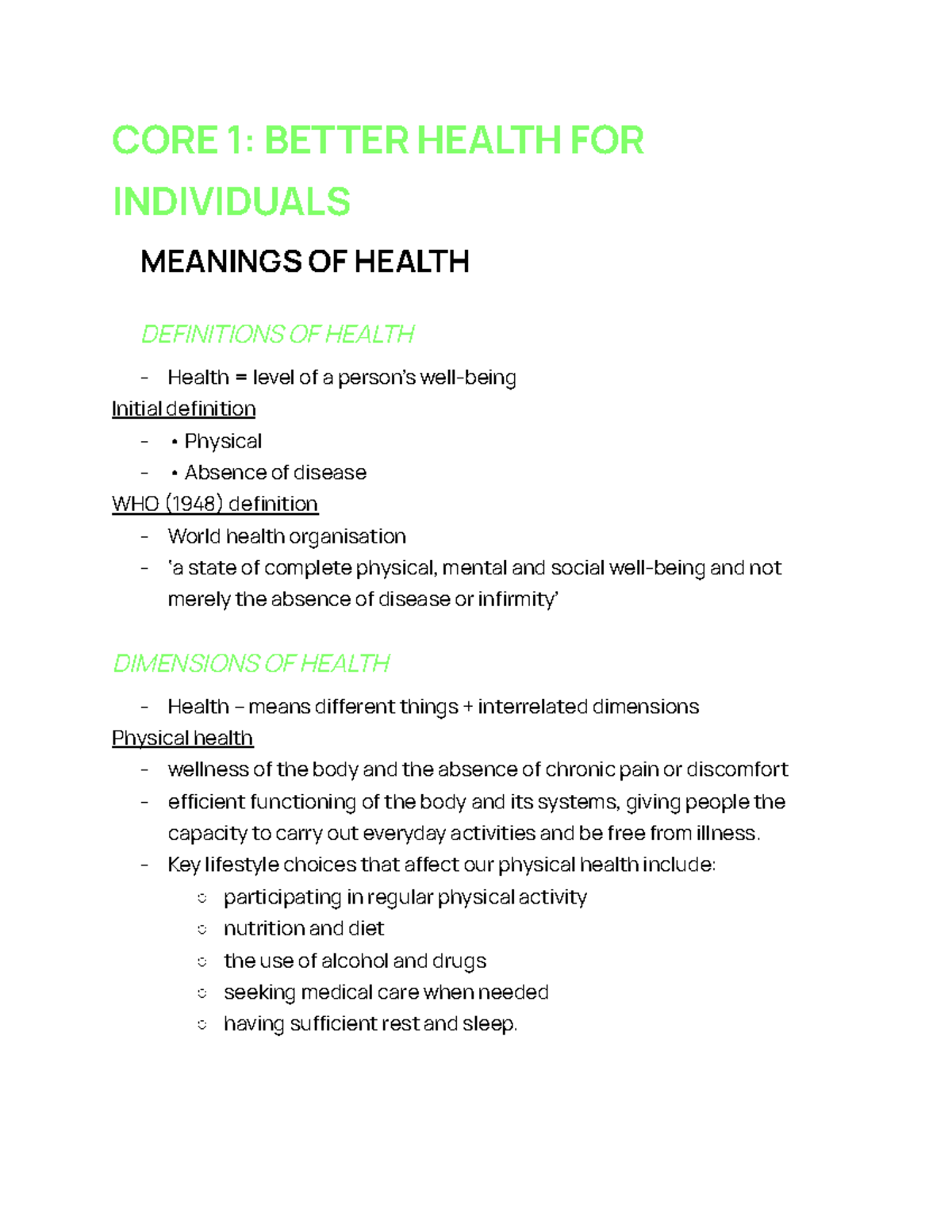 Pdhpe - year 11 summary - yeah - CORE 1: BETTER HEALTH FOR INDIVIDUALS ...