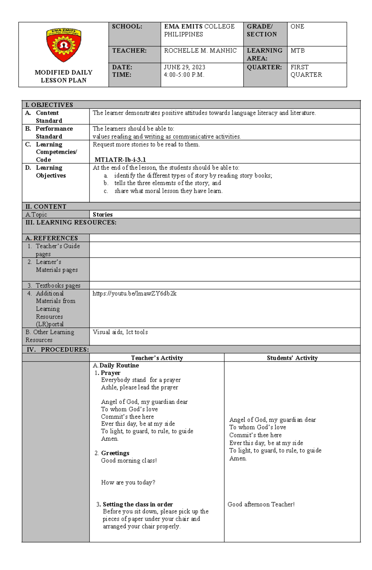 Share LP mtb - This is a lesson plan - MODIFIED DAILY LESSON PLAN ...
