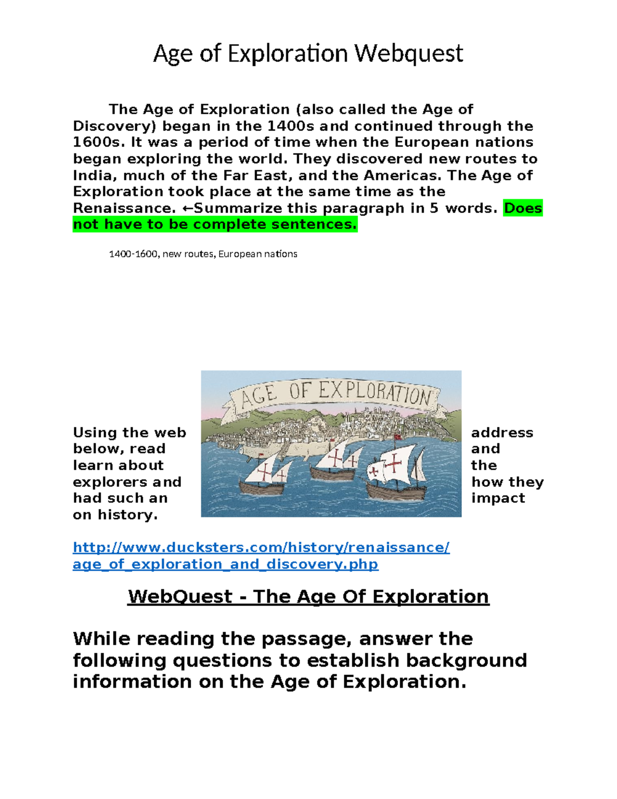 The age of exploration webquest - The Age of Exploration (also called ...
