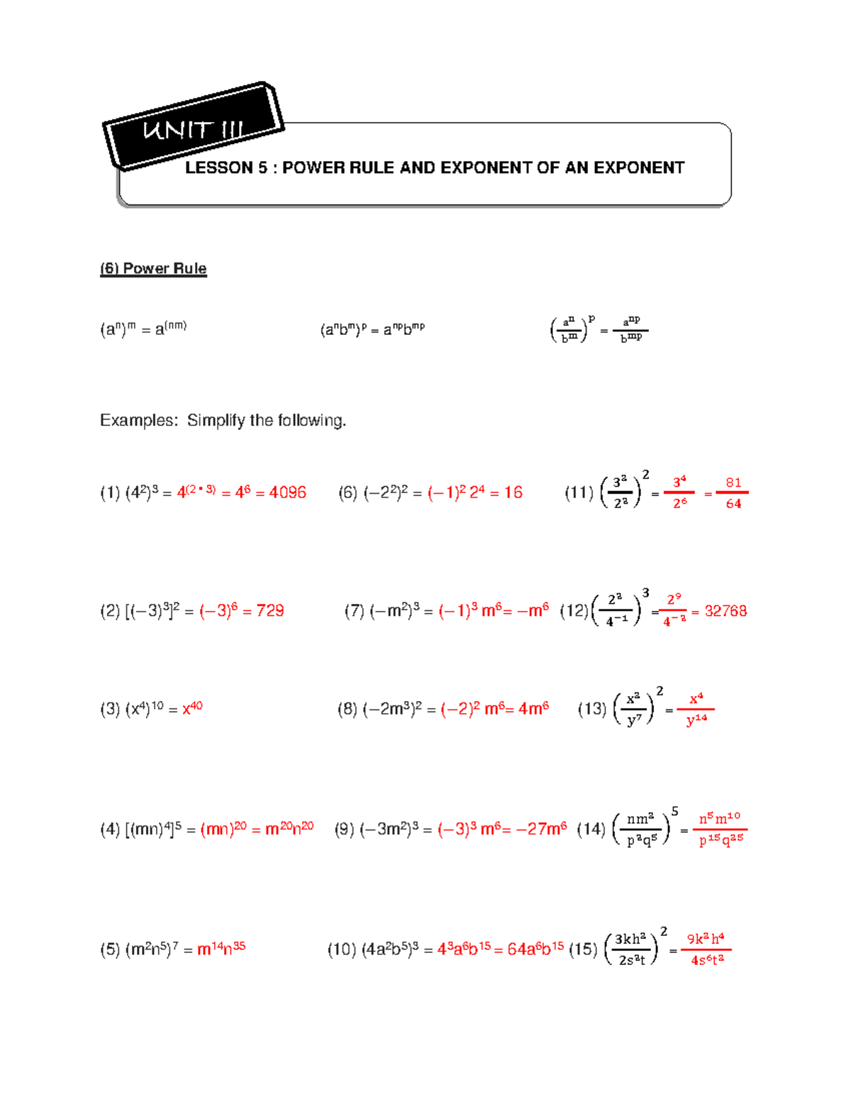 Grade 7 Unit 3 Lesson 5 - LESSON 5 : POWER RULE AND EXPONENT OF AN ...