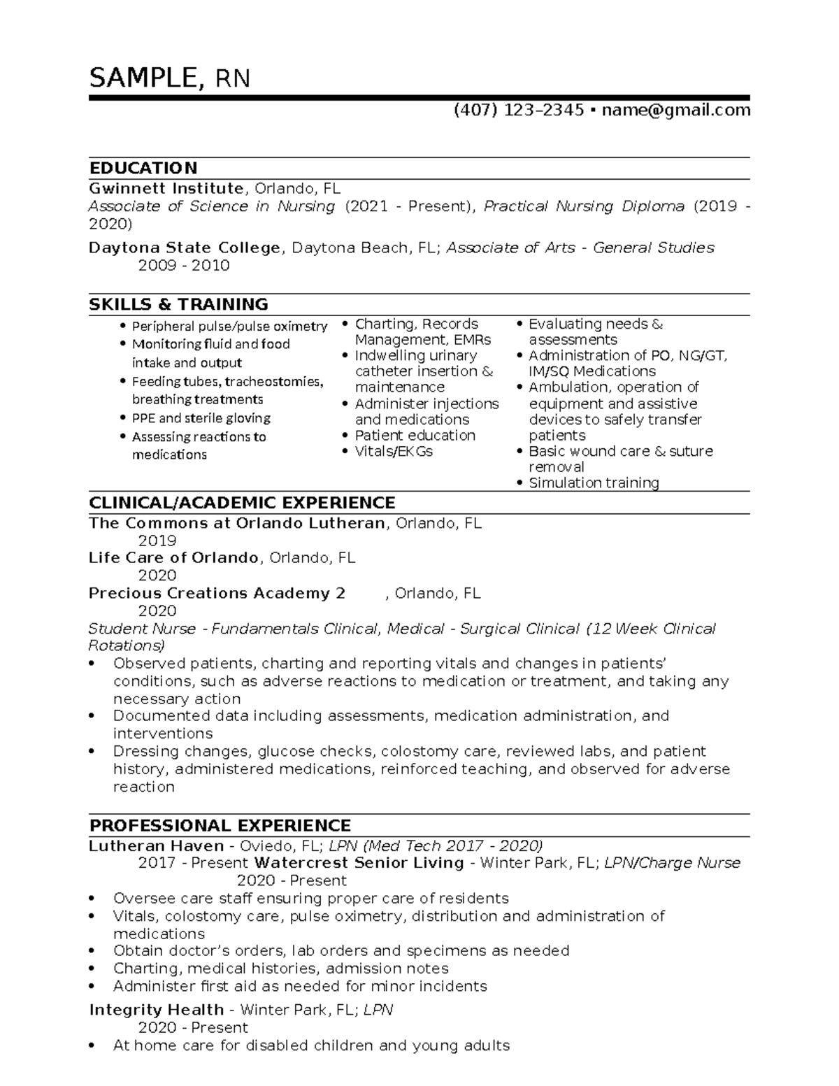 Sample RN Resume - Skills, Education & Experience Overview - SAMPLE, RN ...