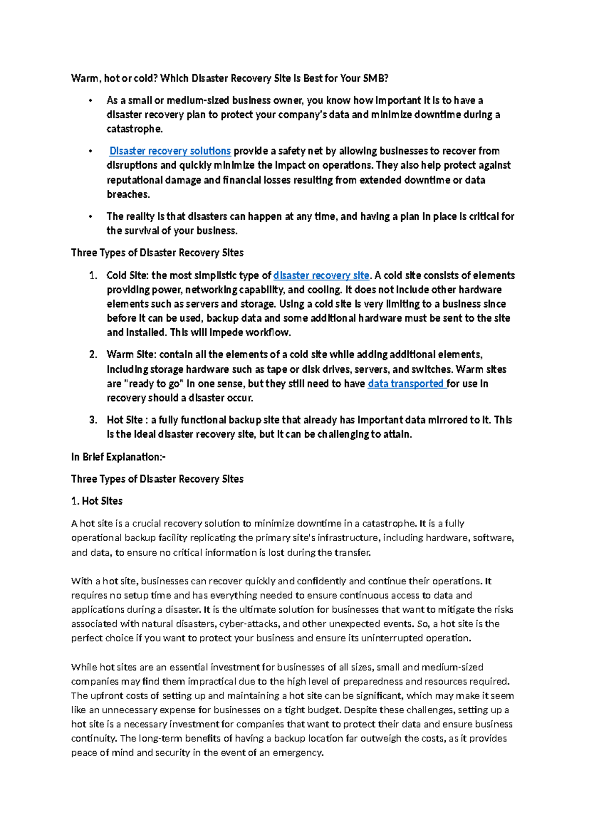 HOT AND COLD Sites - Warm, hot or cold? Which Disaster Recovery Site is ...