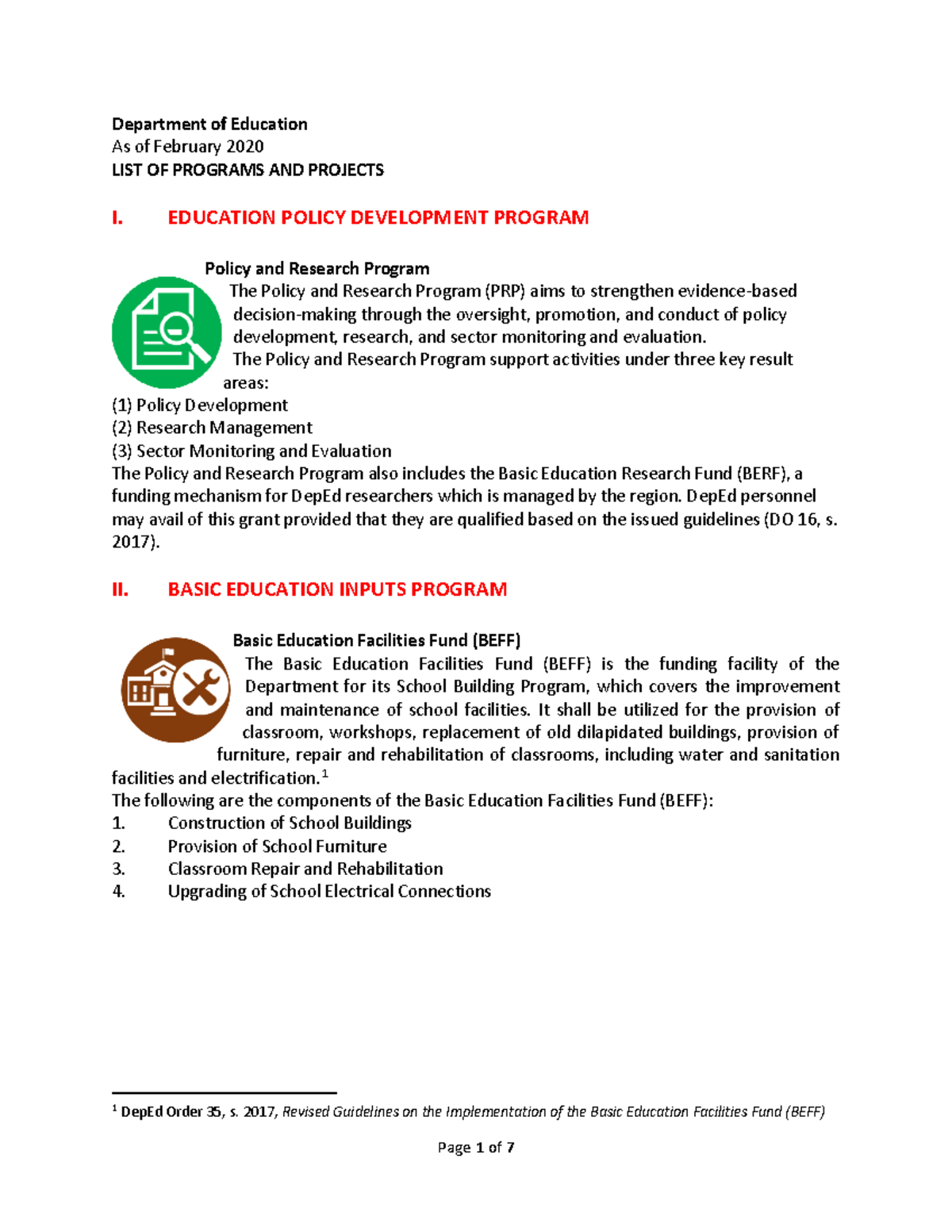 List of Programs and Projects - Department of Education As of February ...