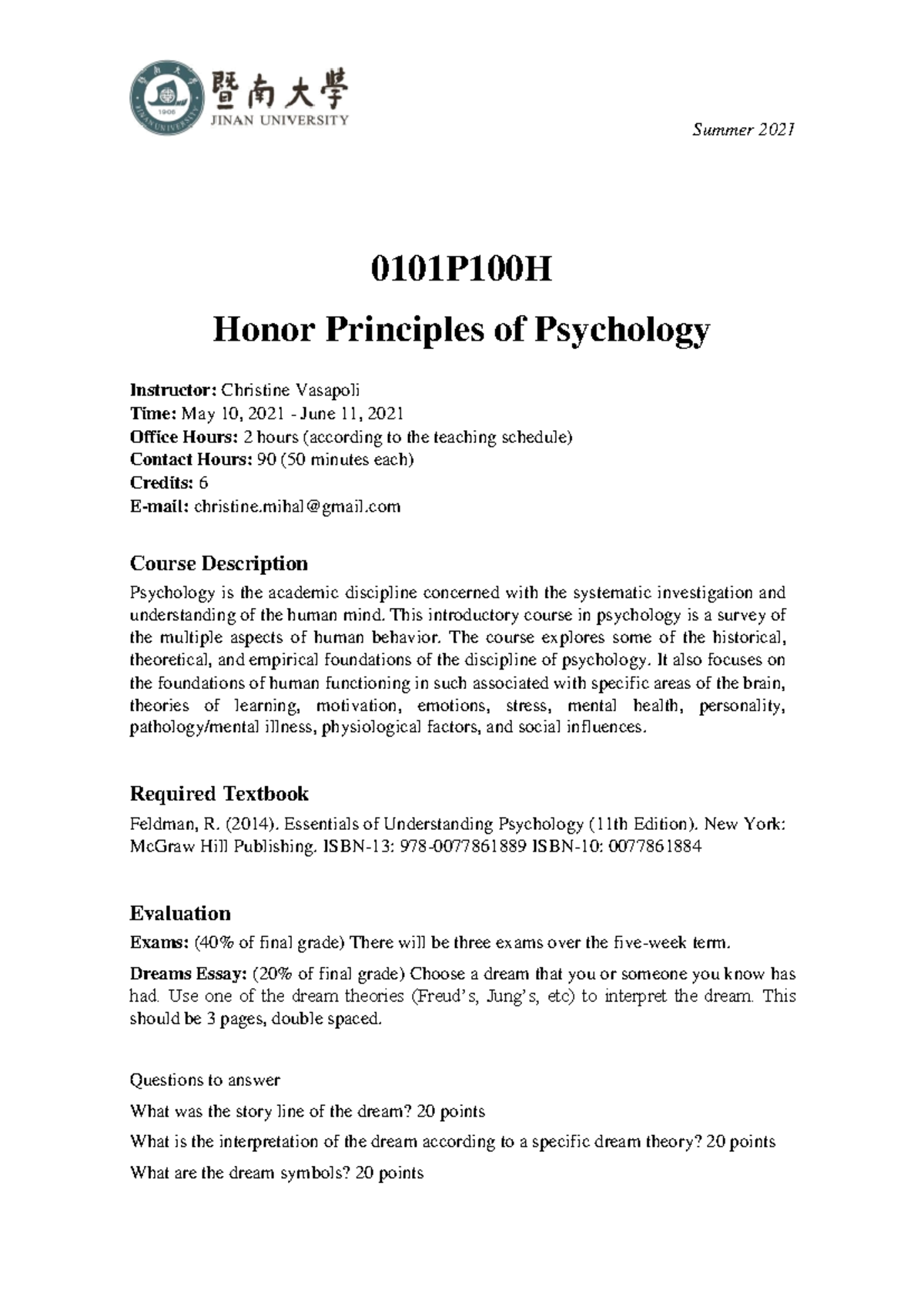 0101P100H Honor Principles of Psychology - Summer 2021 0101P100H Honor ...