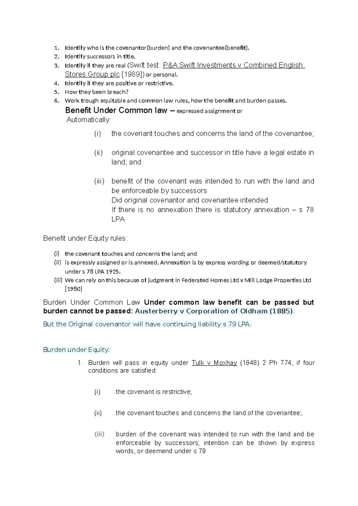 Covenants structure - law - 1. Identify who is the covenantor(burden ...