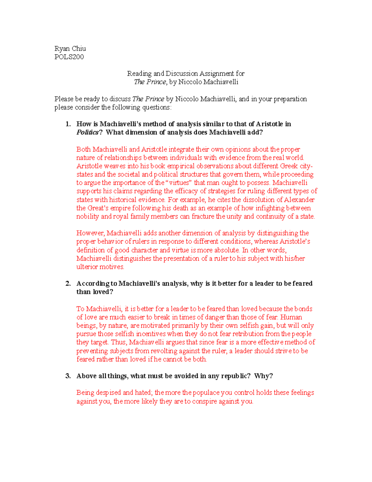 Machiavelli Assignment - Ryan Chiu POLS Reading and Discussion ...