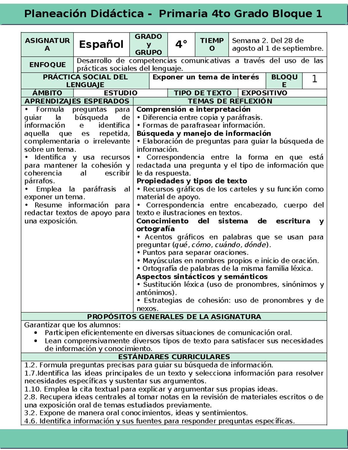 Plan 4to Grado - Bloque 1 Espa¤ol (2016-2017 ) - ASIGNATUR A Español GRADO y GRUPO 4° TIEMP O ...