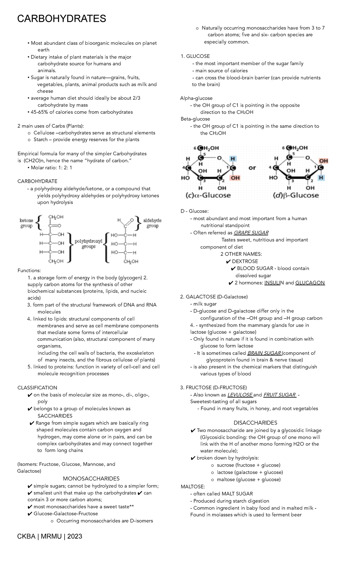 Carbohydrates - BIOCHEM - CARBOHYDRATES Most abundant class of ...