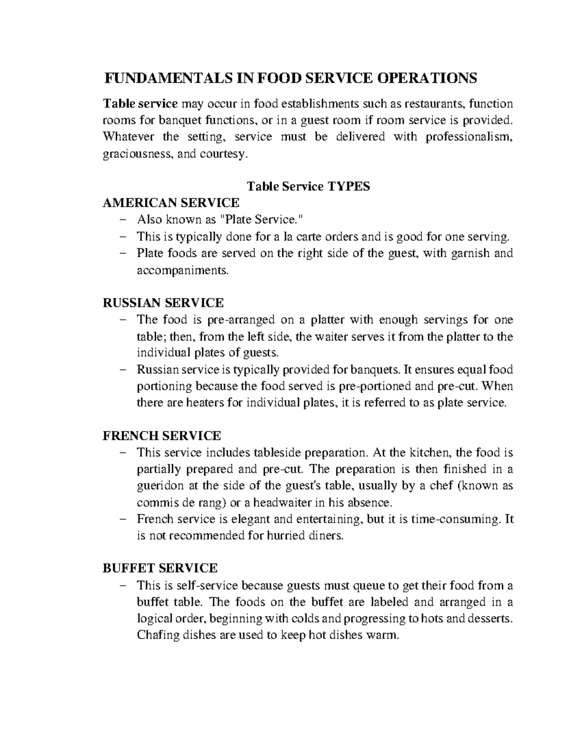 Fifso - Table Service - FUNDAMENTALS IN FOOD SERVICE OPERATIONS Table ...