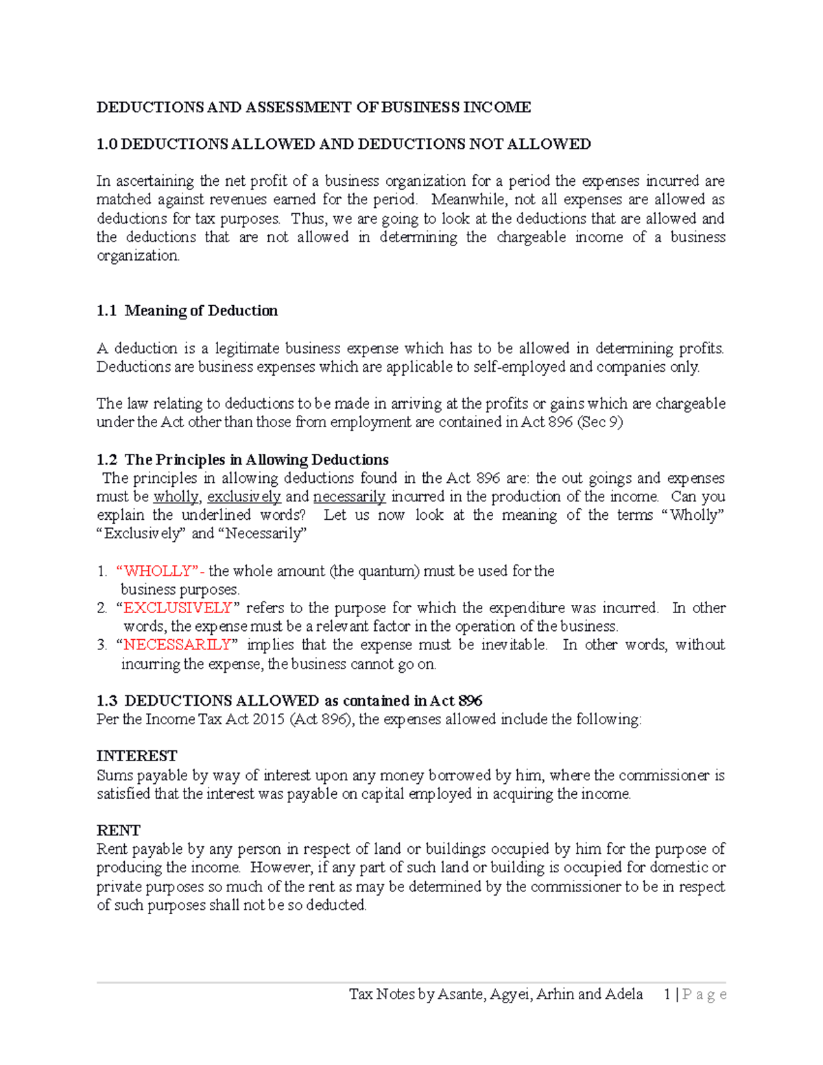 Business Income Assessment - DEDUCTIONS AND ASSESSMENT OF BUSINESS ...