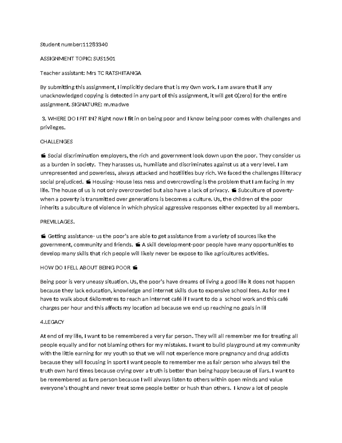 M made sis1501 assignment 5 - Student number: ASSIGNMENT TOPIC: SUS ...