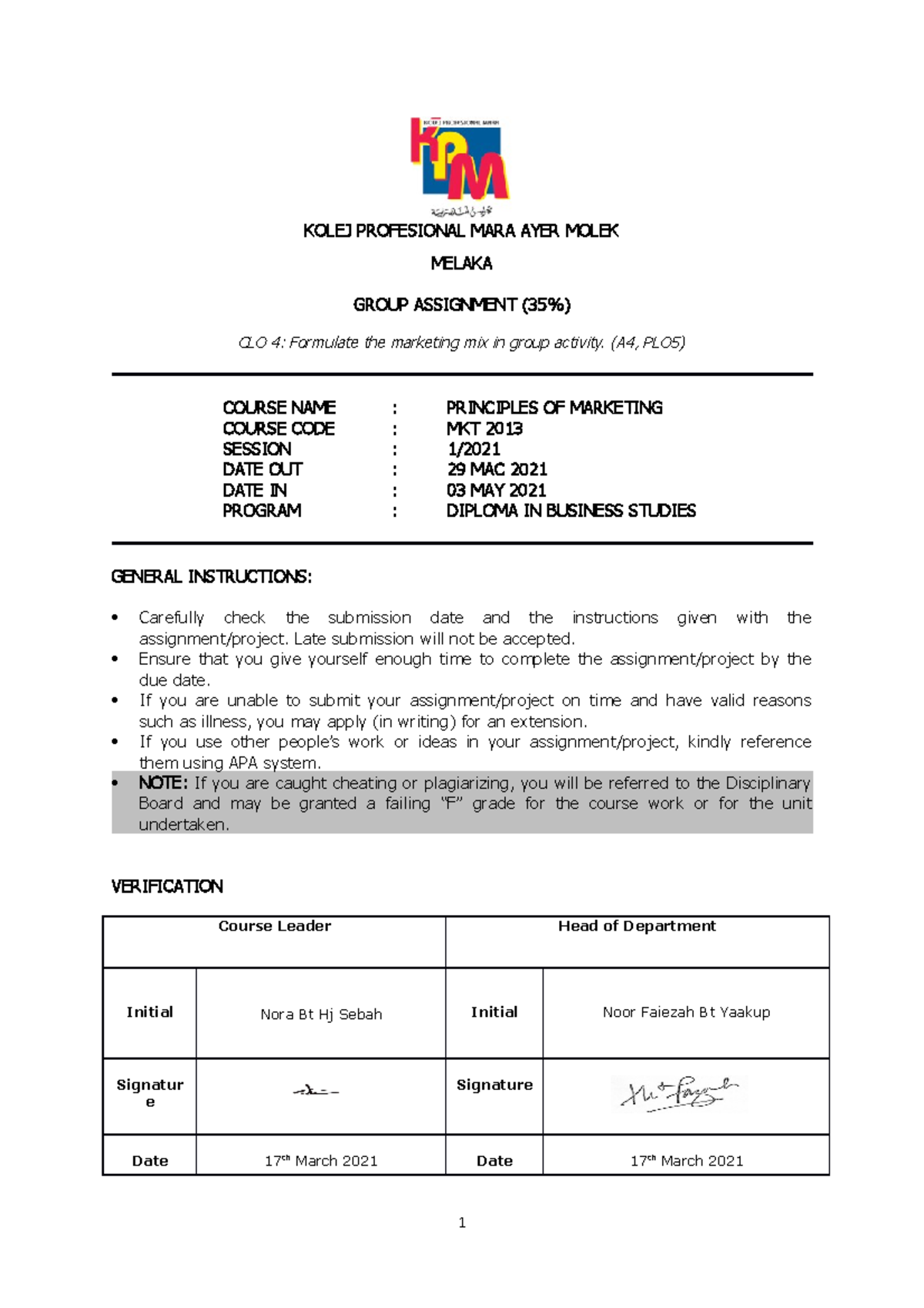 Group Project MKT 2013 SESI 1 2021 kpmam verified - KOLEJ PROFESIONAL ...