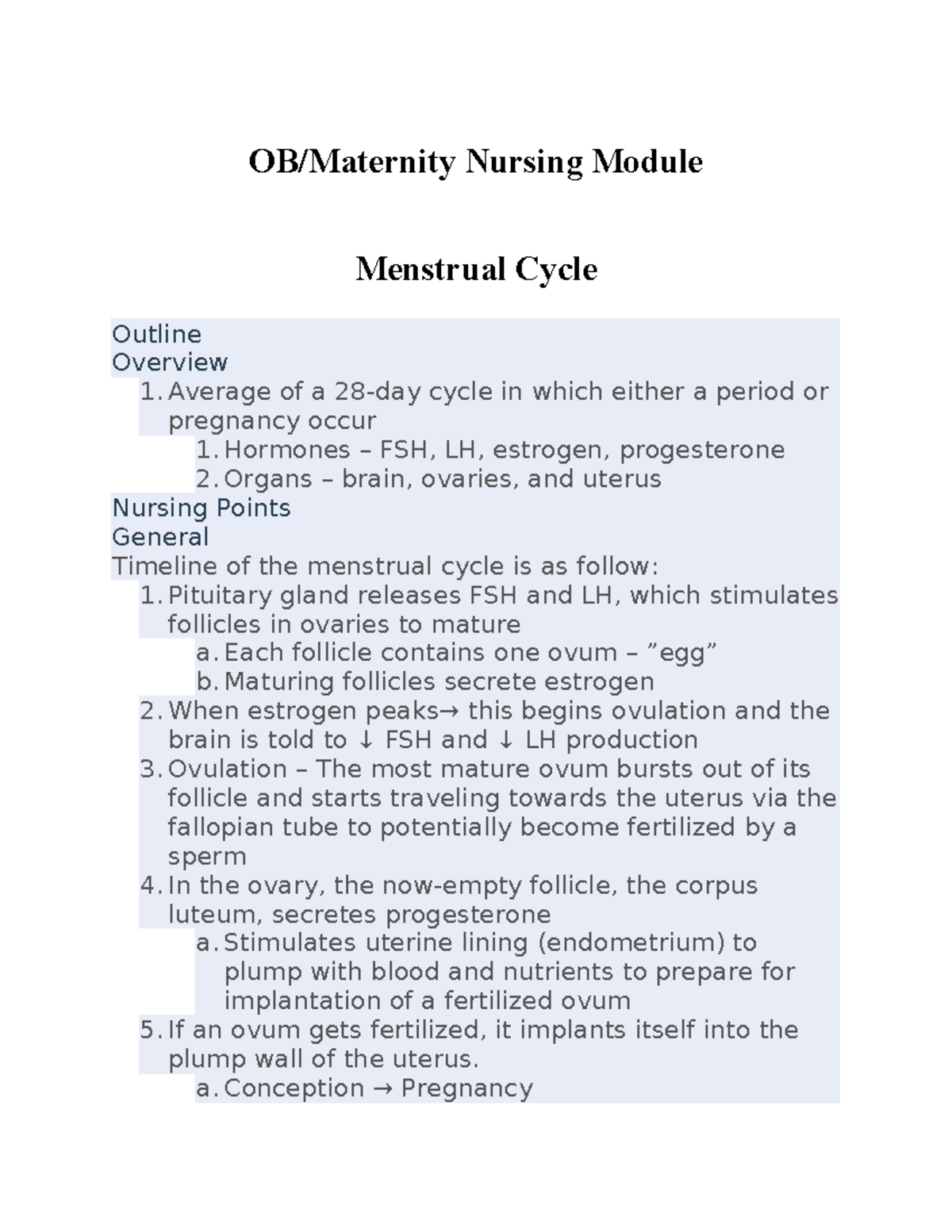 OB Maternity Nursing 2022 - OB/Maternity Nursing Module Menstrual Cycle ...