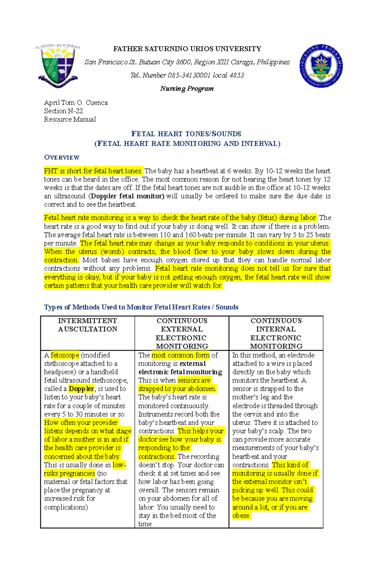 Resource Manual (FHT and Interval) - FATHER SATURNINO URIOS UNIVERSITY ...