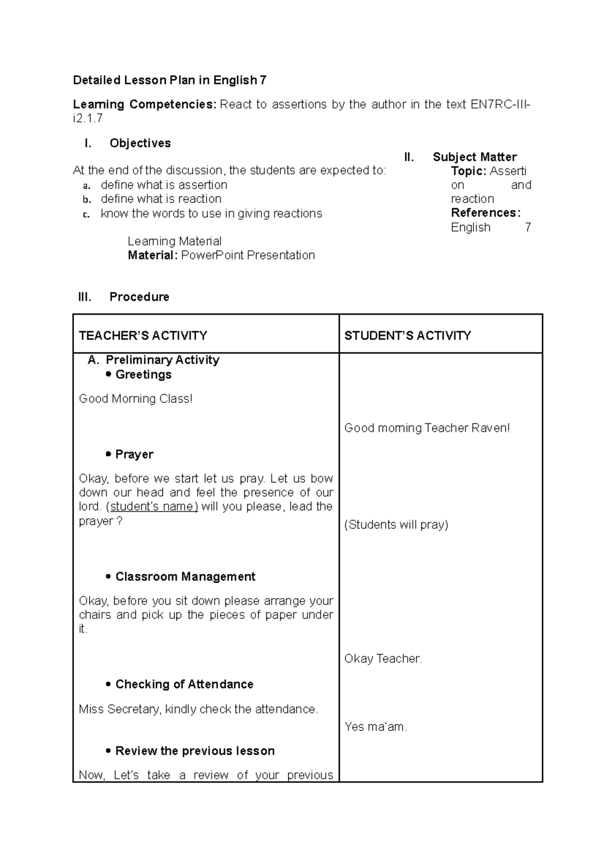 4th LP week 6 las 1 and 2 - lesson plan for assertion - Detailed Lesson ...