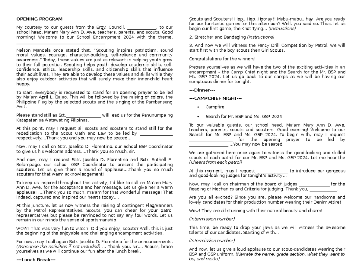 BSP GSP 2024 Script - Helpful and informative! - OPENING PROGRAM My ...