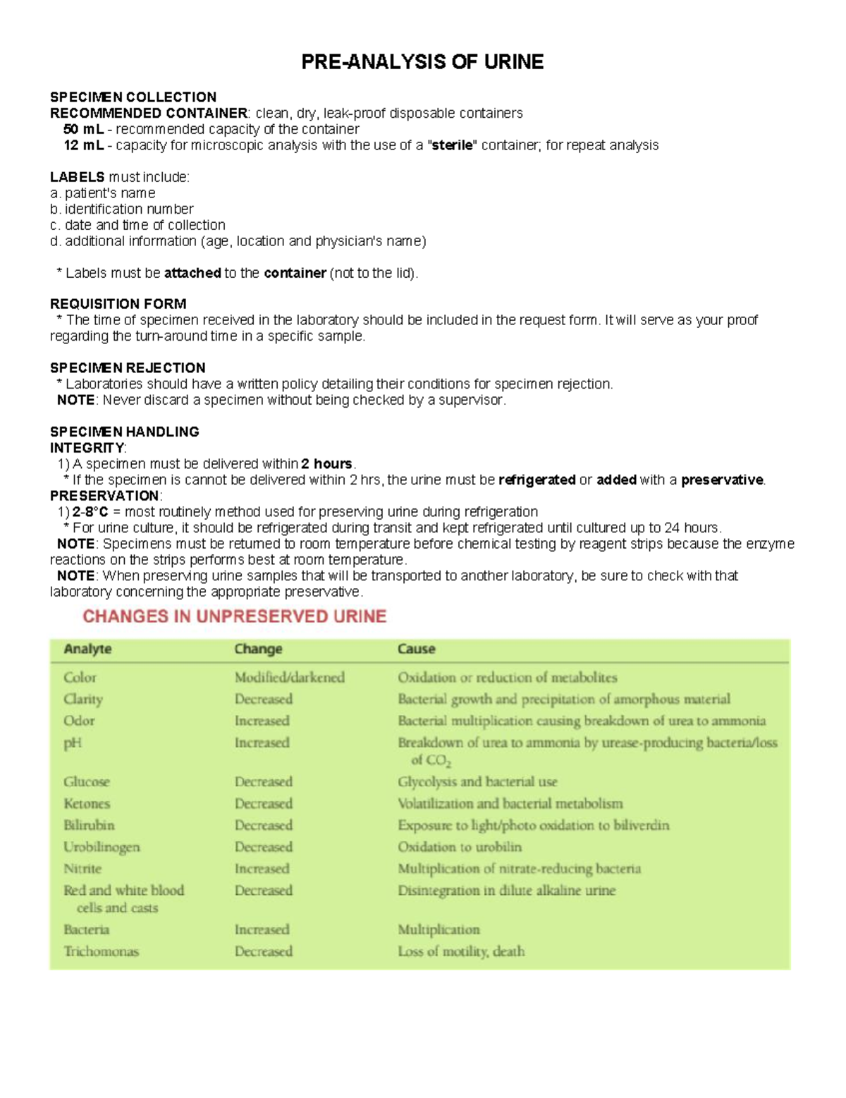 PRE Analysis OF Urine - PRE-ANALYSIS OF URINE SPECIMEN COLLECTION RECOMMENDED CONTAINER : clean ...