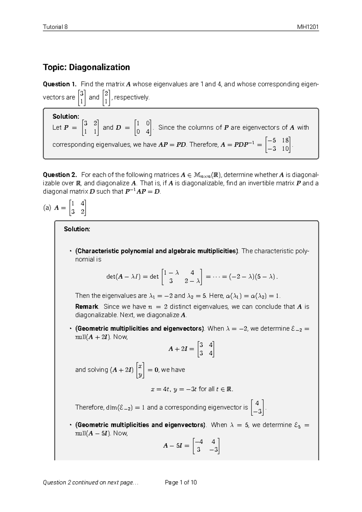 Tut08 eigenvalues diagonalization 2024 solutions - Topic: Diagonalization Question 1. Find the ...