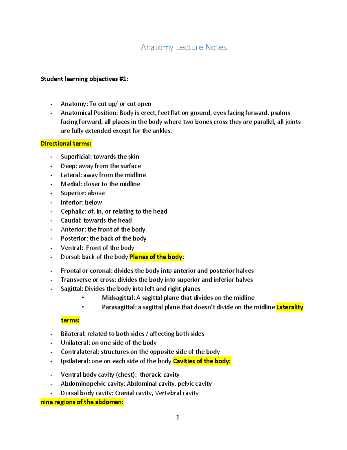 Anatomy Lecture Notes - Anatomy Lecture Notes Student learning ...