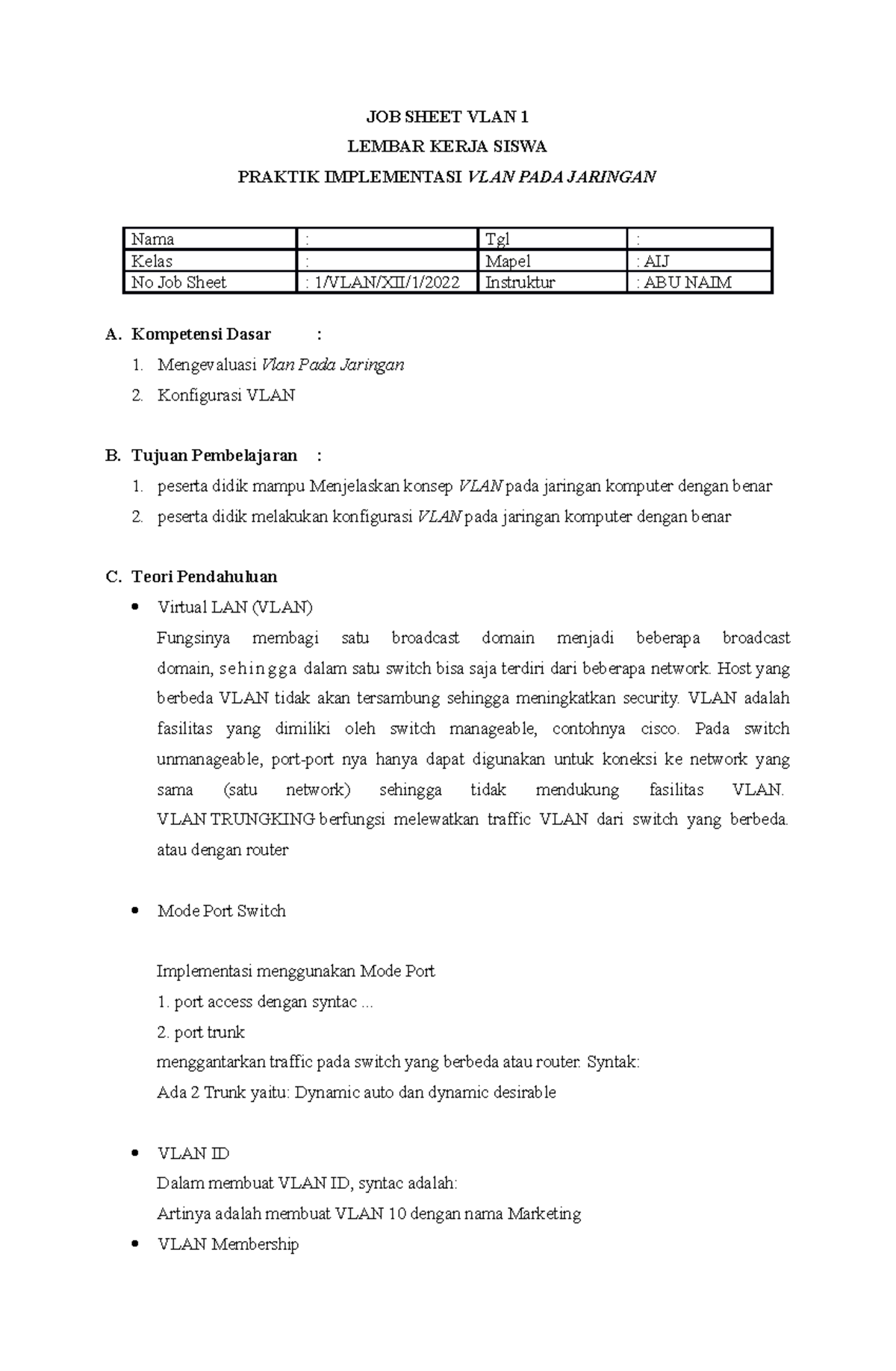 JOB Sheet VLAN 1 Kelas XII TKJ 1 - JOB SHEET VLAN 1 LEMBAR KERJA SISWA PRAKTIK IMPLEMENTASI VLAN ...