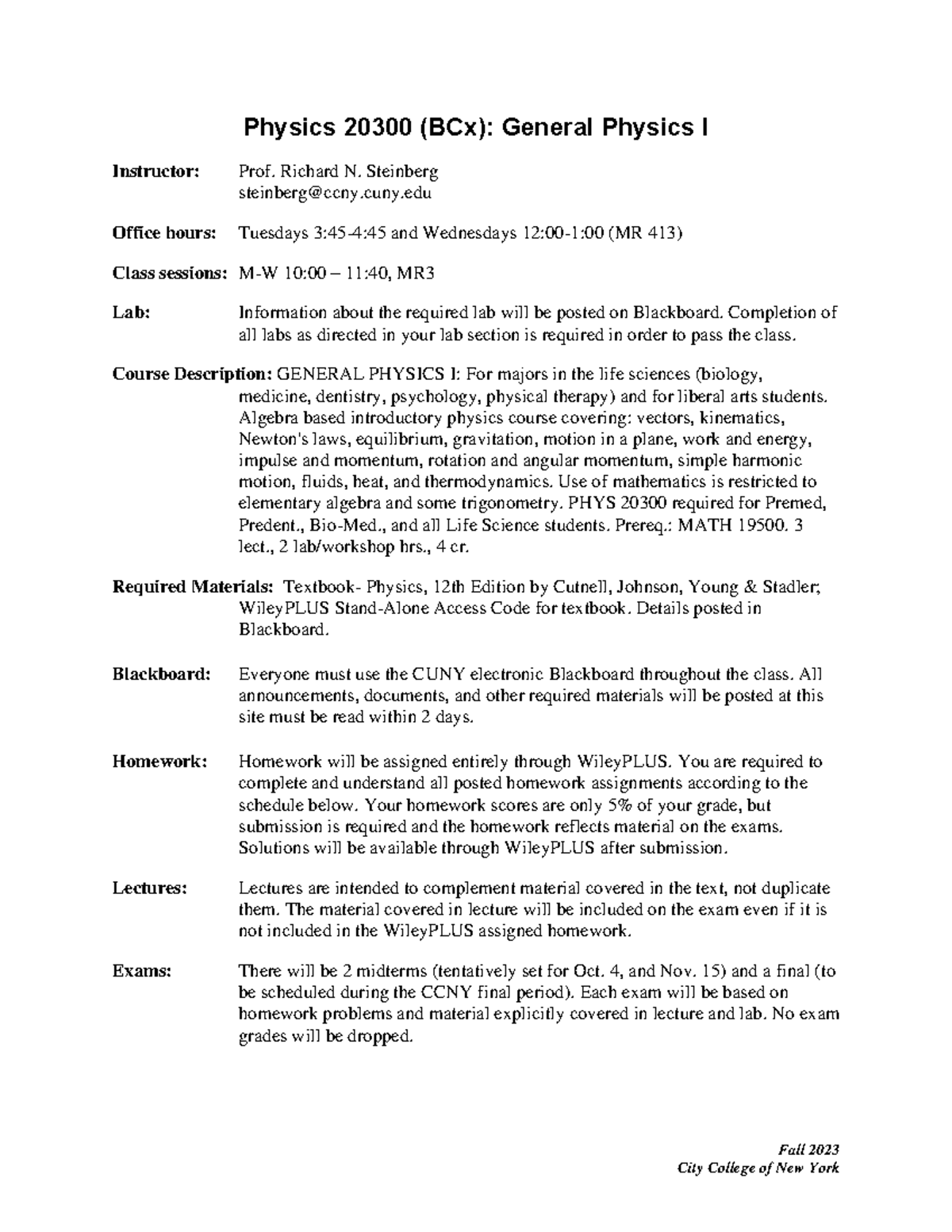 203 BC syllabus fa 23 - Fall 20 23 City College of New York Physics 20 3 00 (BCx): General ...