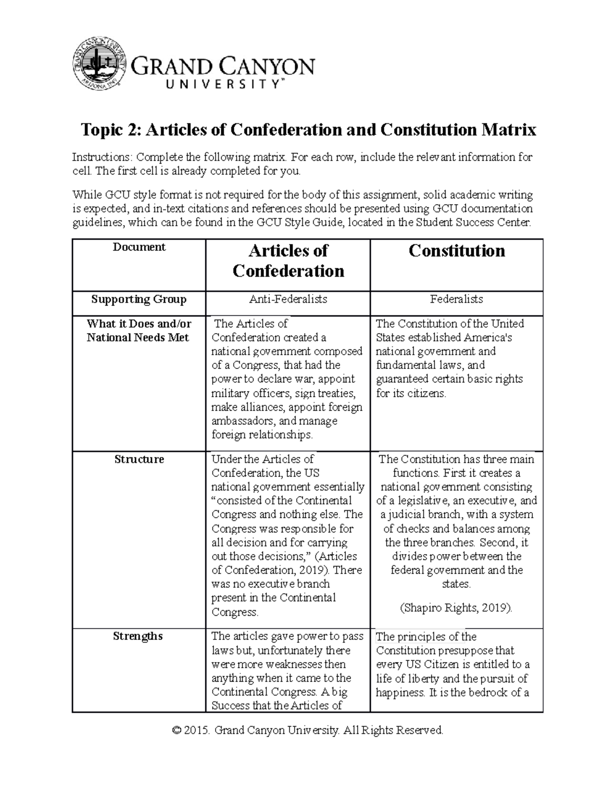 Matrix assignment - Topic 2: Articles of Confederation and Constitution ...