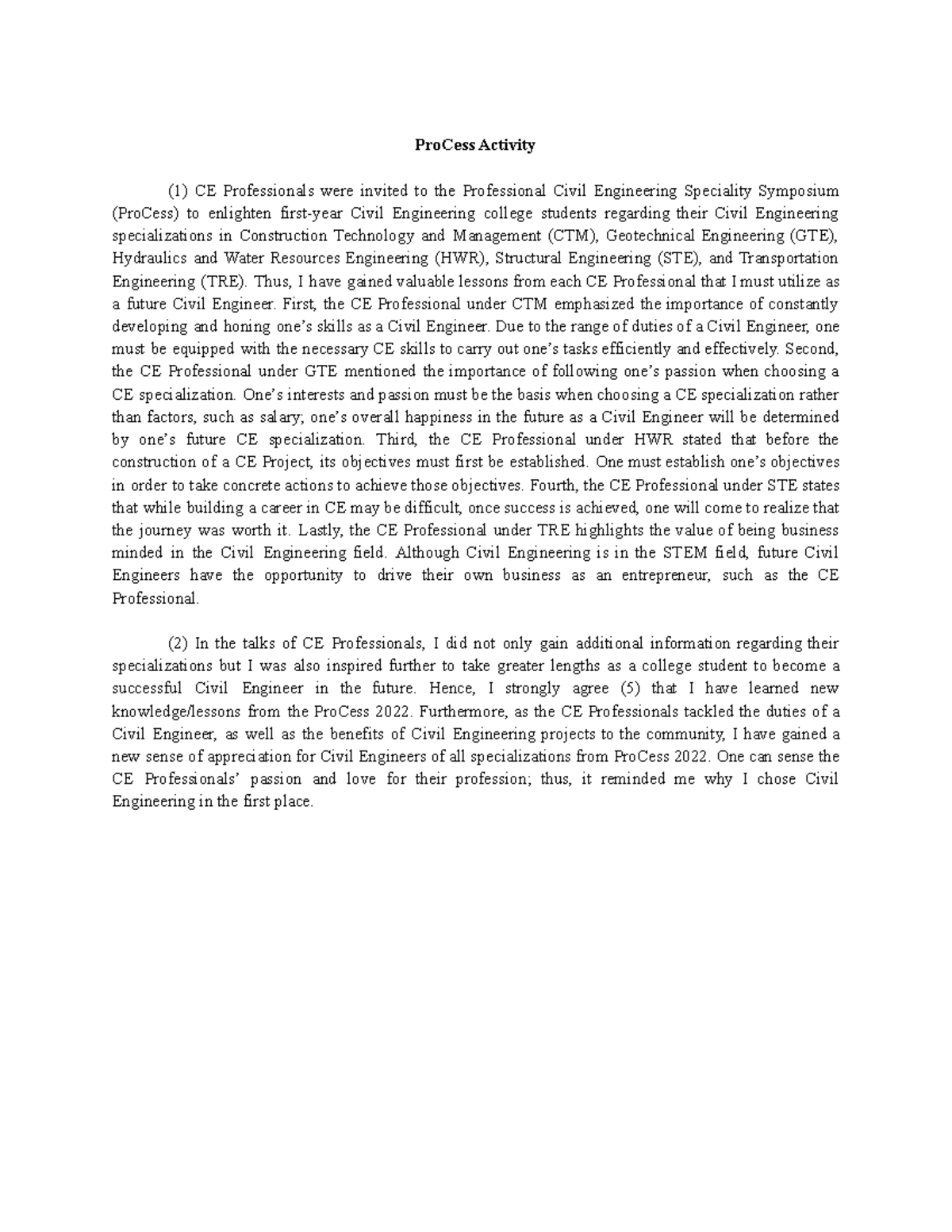 ProCess Activity - ProCess Activity (1) CE Professionals were invited ...