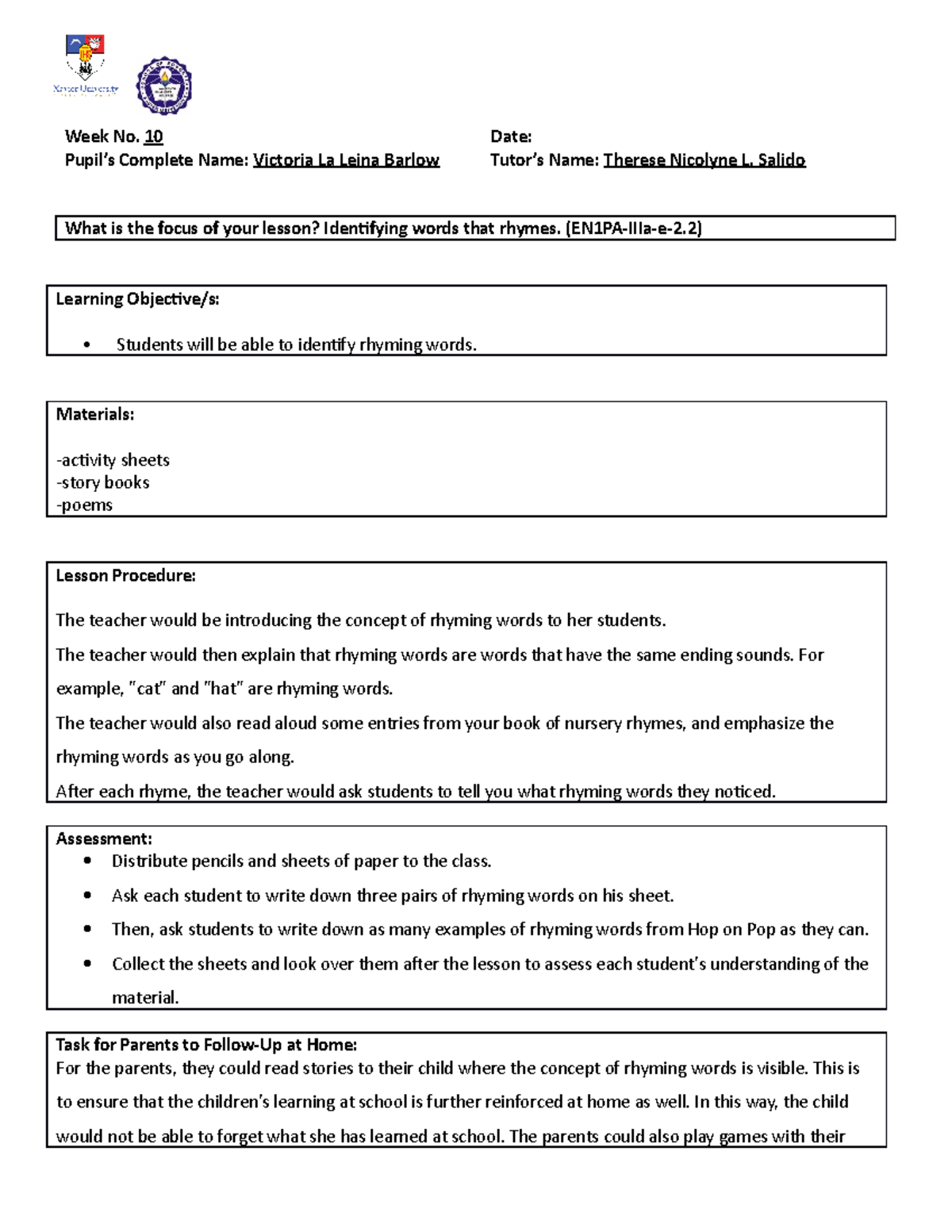 Lesson-PLAN-10 Lesson plan for early childhood learners, it inlcudes a ...