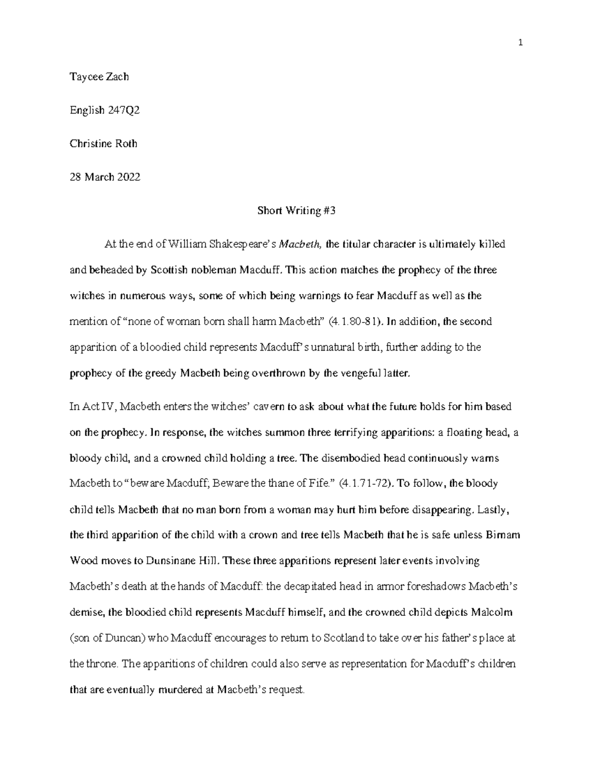 Macbeth Short Writing - 1 Taycee Zach English 247Q Christine Roth 28 ...