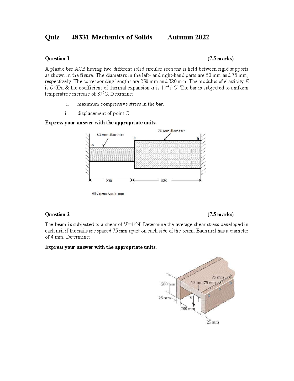 Quiz Solution MOS Autumn 2022 - Quiz - 48331-Mechanics of Solids ...