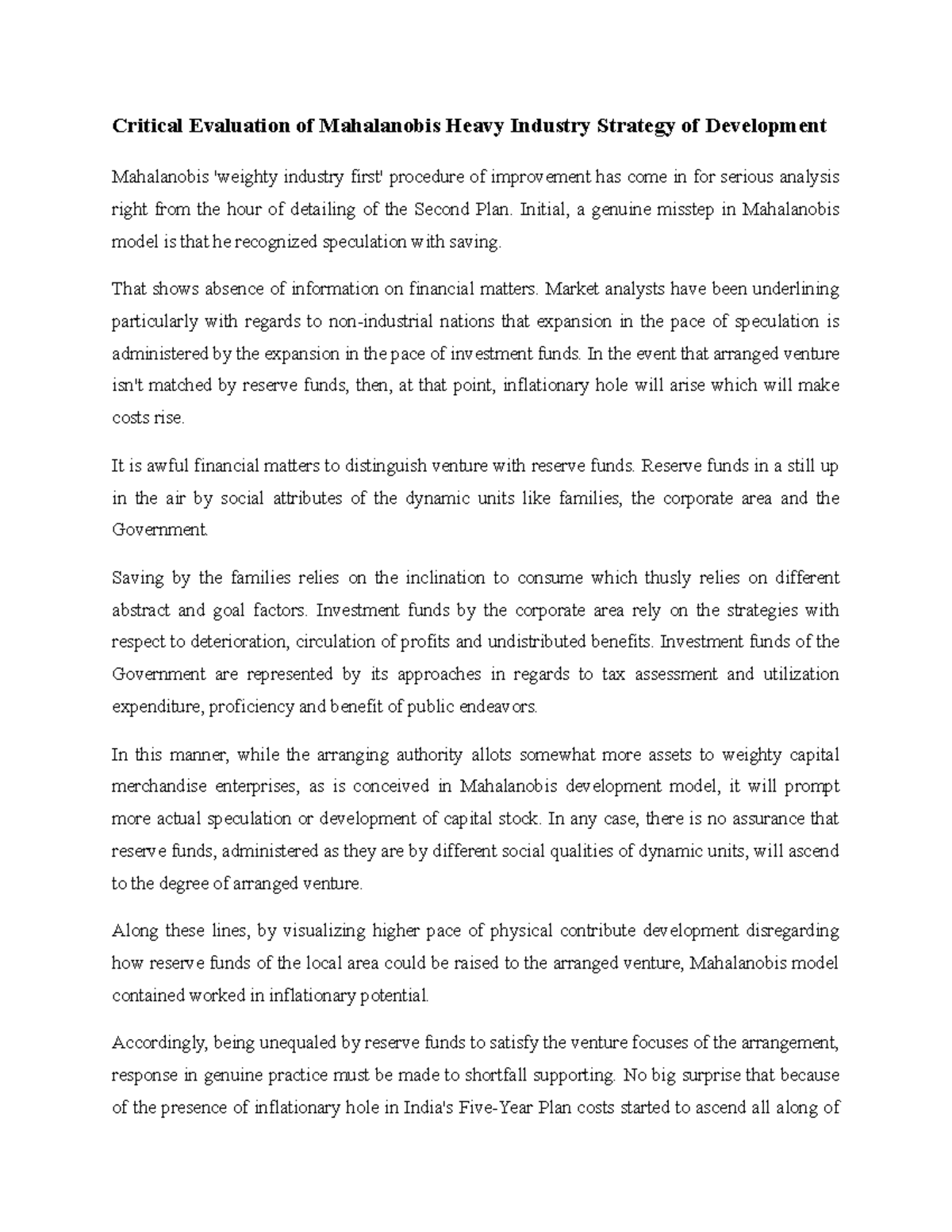 Critical Evaluation of Mahalanobis Heavy Industry Strategy of ...