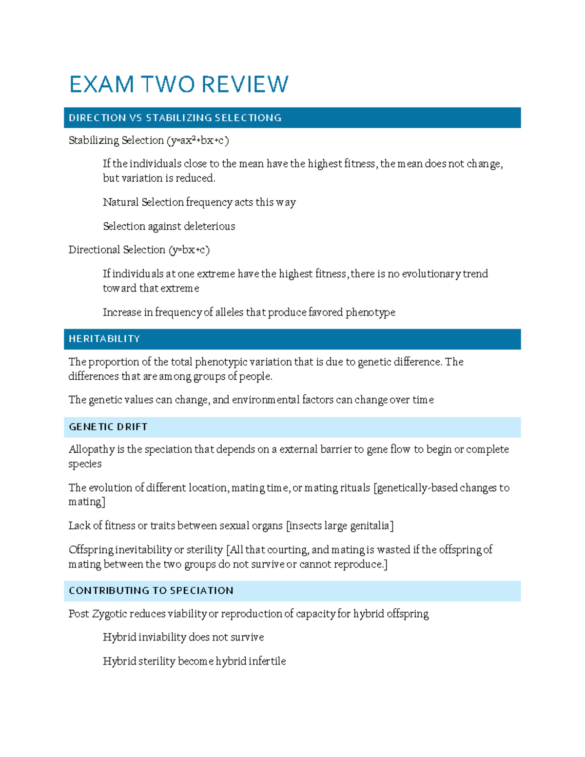 Exam 2 Review BIO182 - Lecture notes 2 - EXAM TWO REVIEW DIRECTION VS ...