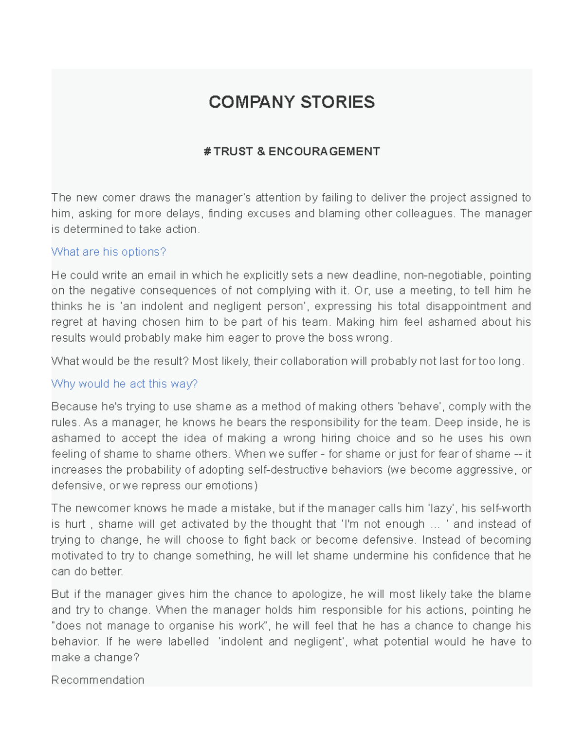 Management Practices - Company Stories - COMPANY STORIES # TRUST ...