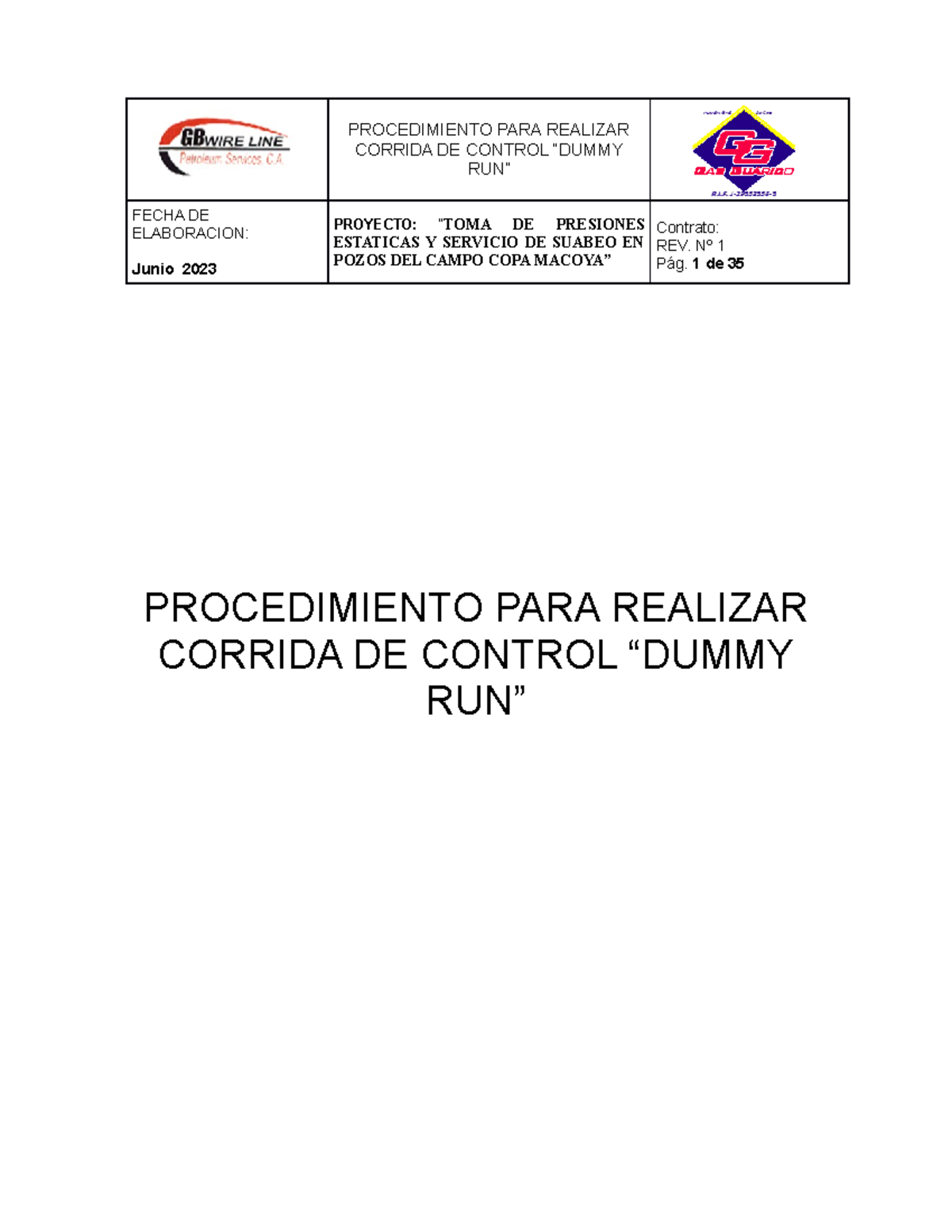 PTS-002 de Corrida de Control “ Dummy RUN” (002 REV 01) - CORRIDA DE ...