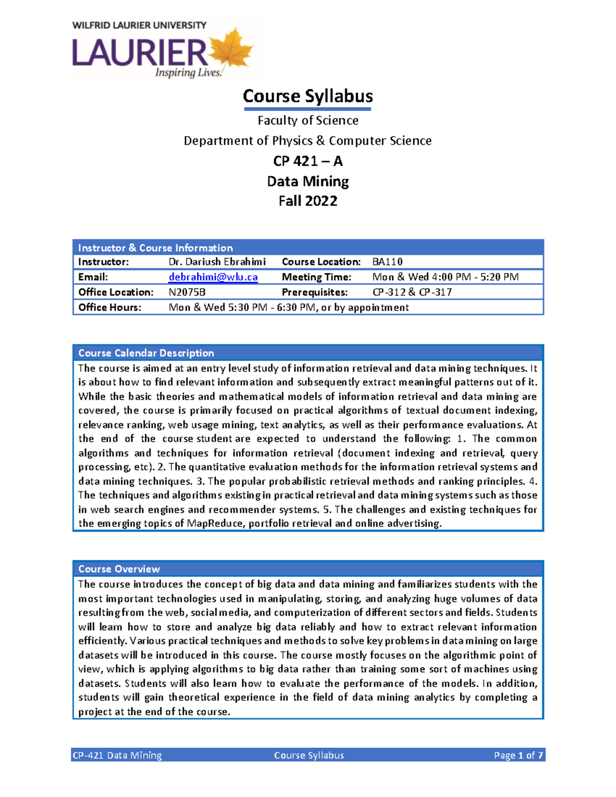 CP421 Data Mining - Syllabus - Course Syllabus Faculty of Science Department of Physics & - Studocu