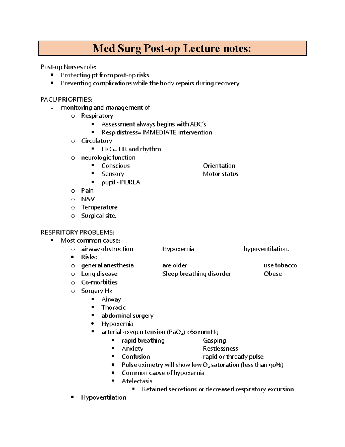 MED SURG- POST OP Notes - Med Surg Post-op Lecture notes: Post-op ...