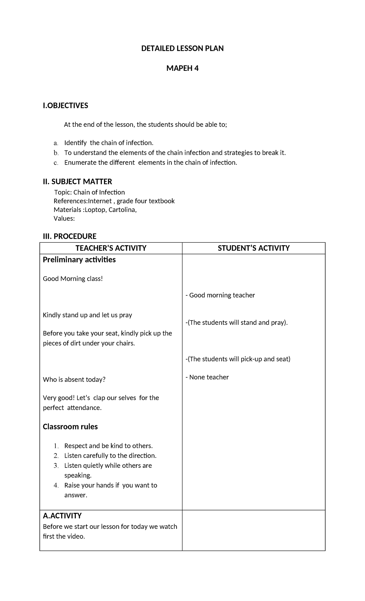 Mapeh Lesson PLAN Chain - DETAILED LESSON PLAN MAPEH 4 I At the end of ...