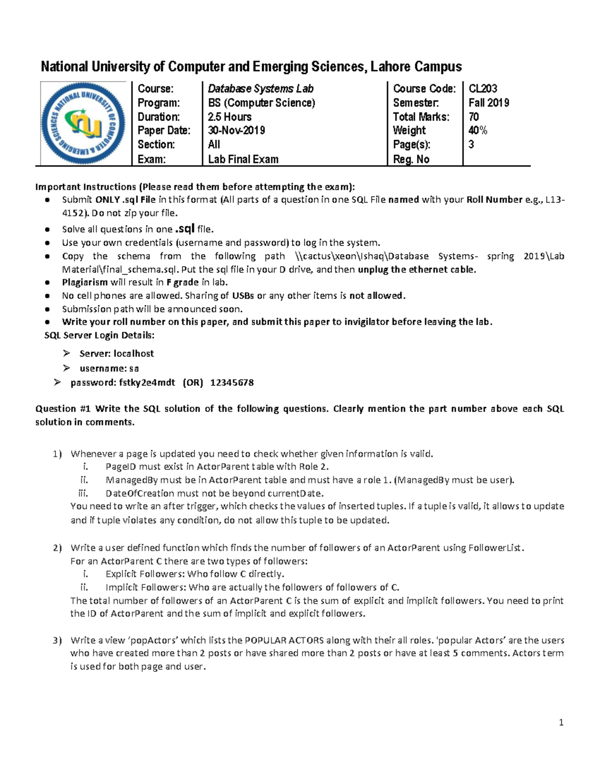 DB Final Paper Fall 2019 Exam # 1 - 1 National University of Computer ...