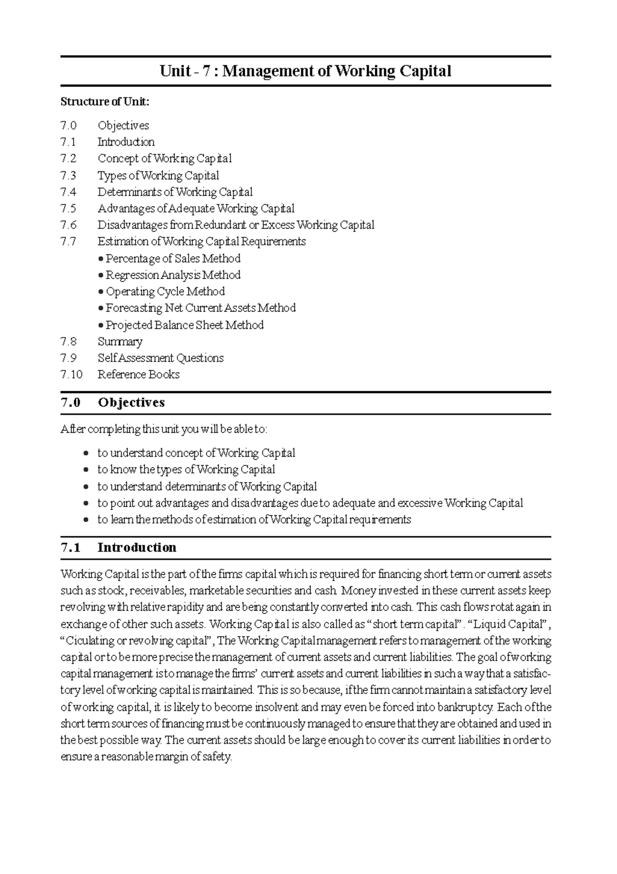 Management of Working Capital - Unit - 7 : Management of Working ...