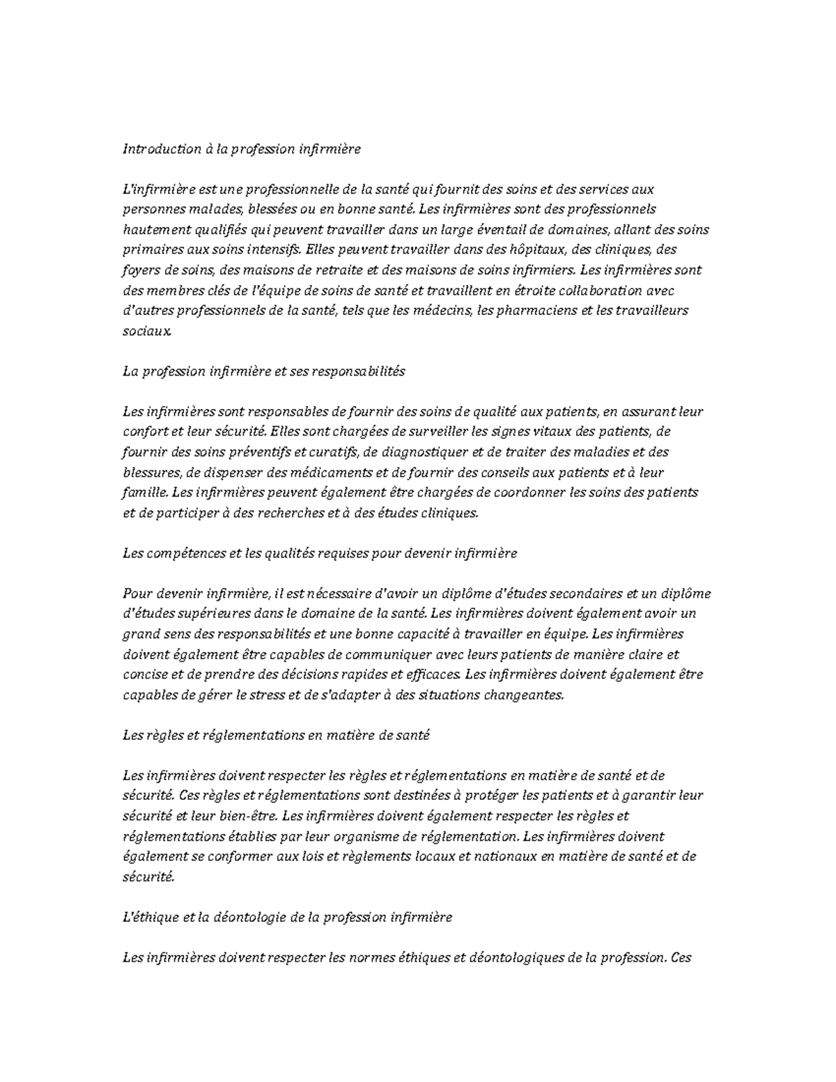 Nursing Study Notes - Introduction à la profession infirmière L ...