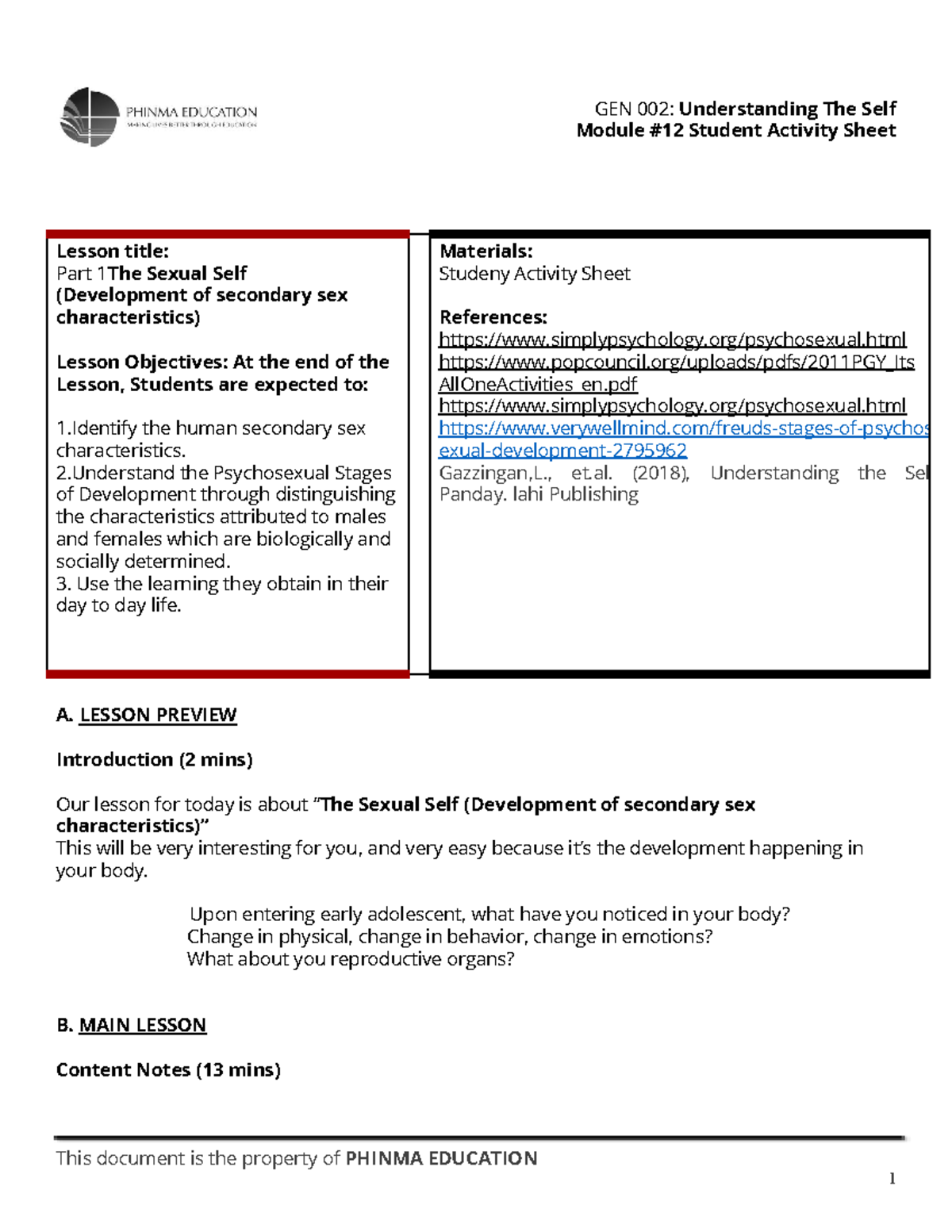SAS number 12-GEN 002 Understanding the self - Module #12 Student ...