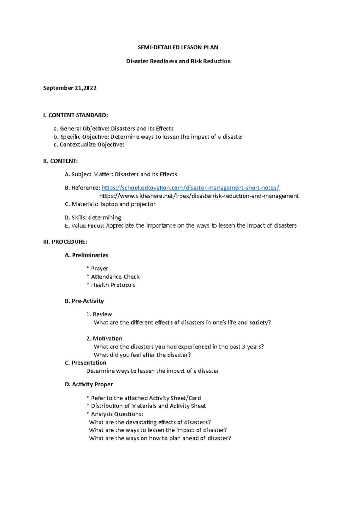 Semi-Detailed-Lesson-Plan DRRR 2 - SEMI-DETAILED LESSON PLAN Disaster ...
