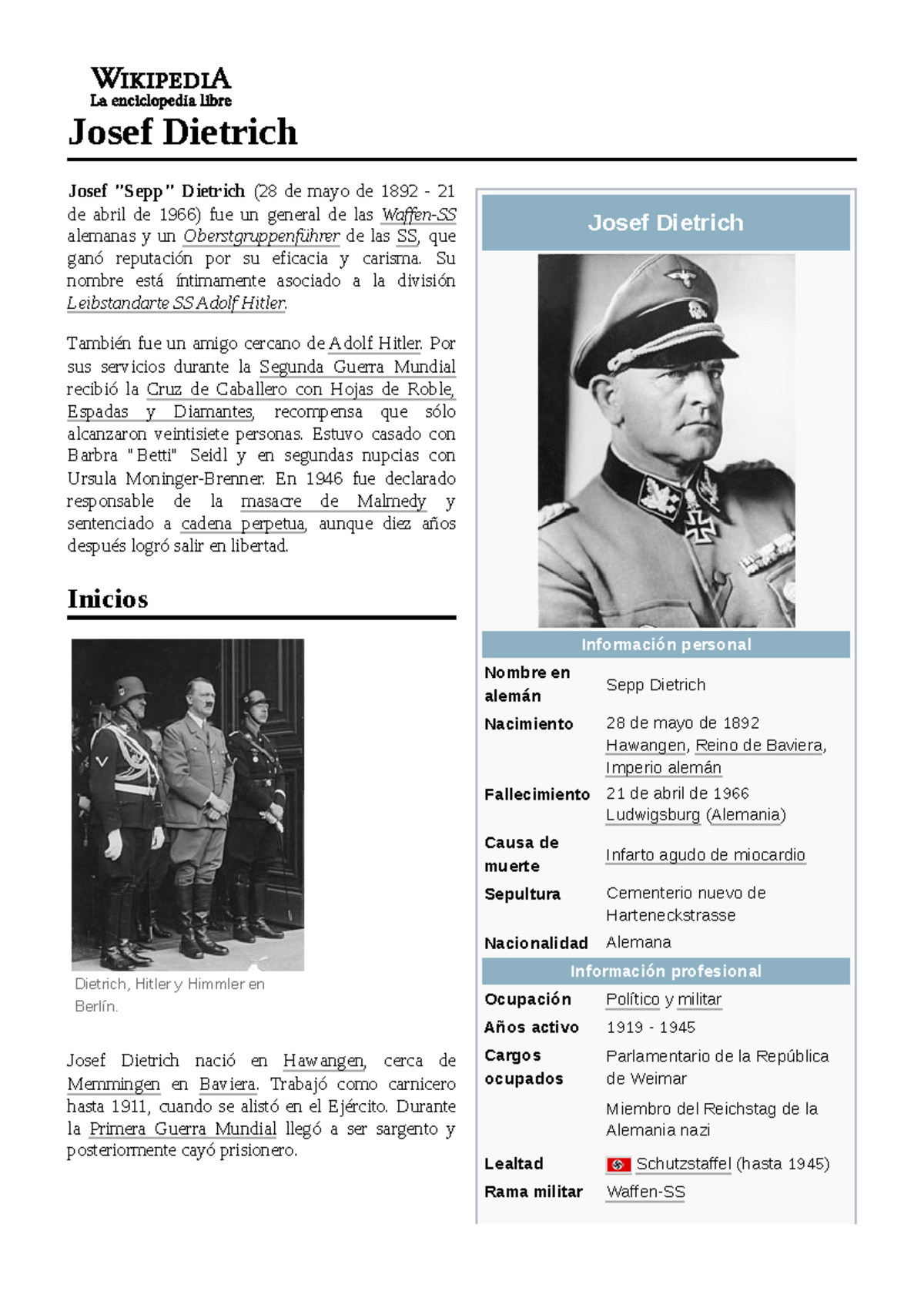 Josef Dietrich - Alemania WW2 - Josef Dietrich Información personal ...