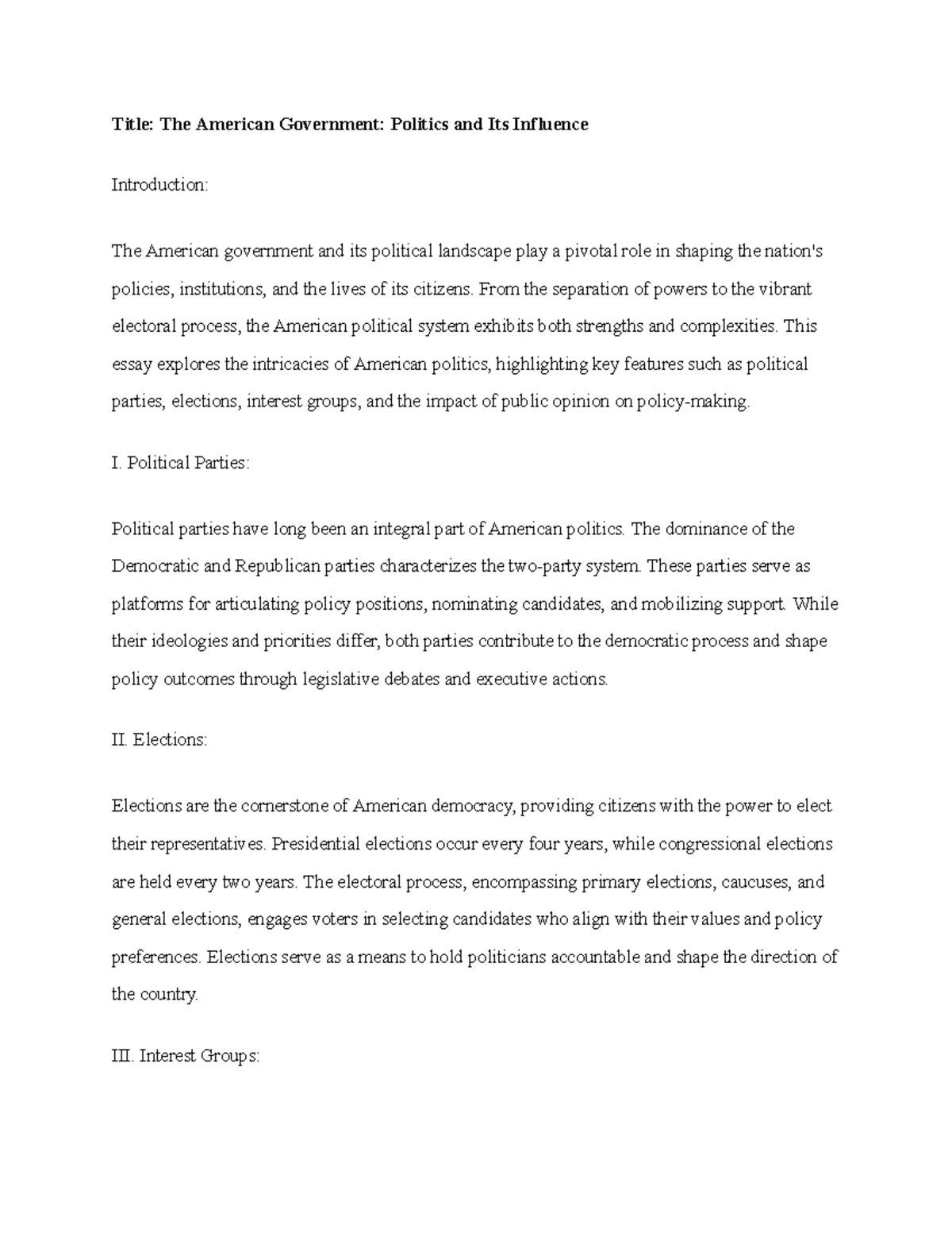 American Goverment Politics and its Influence - Title: The American ...